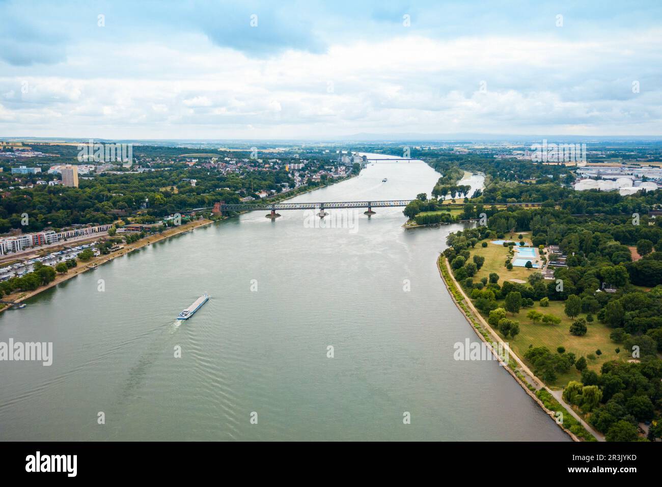 Rhine river in Mainz aerial panoramic view. Mainz is the capital and ...