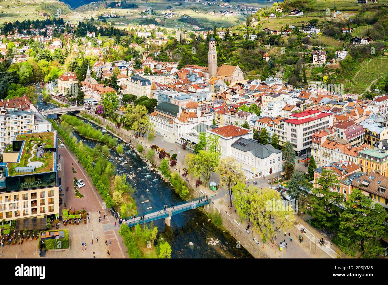 Merano city centre aerial panoramic view. Merano or Meran is a town in ...