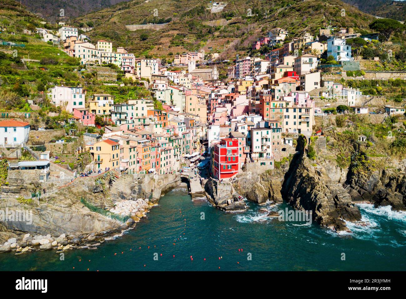 Riomaggiore aerial panoramic view. Riomaggiore is a small town in ...