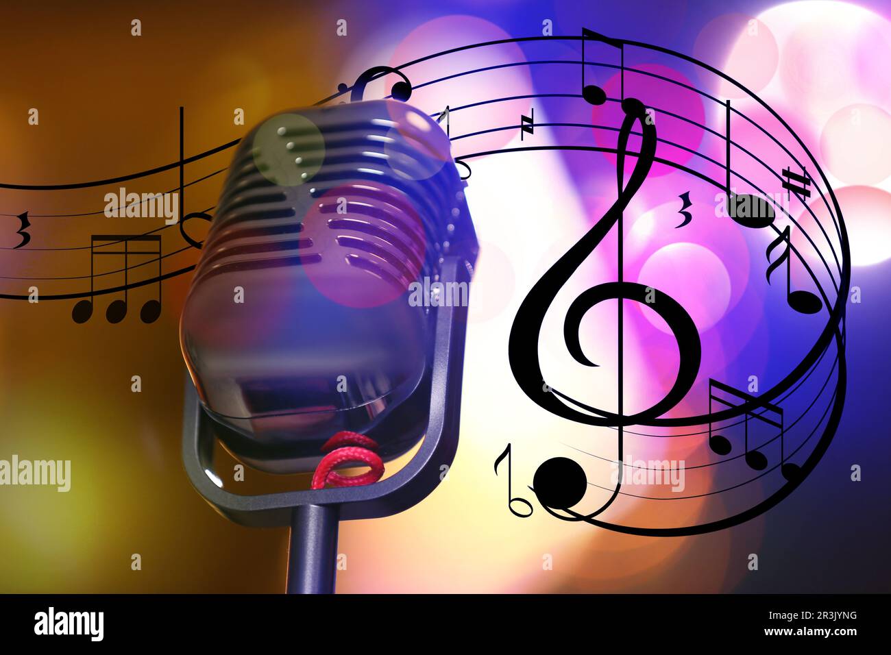 Retro microphone, staff with music notes and other musical symbols ...