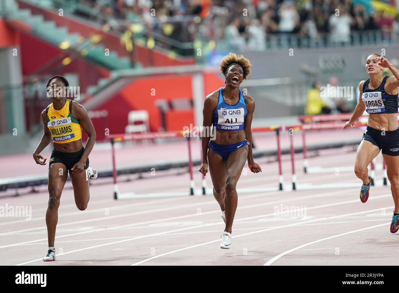 Nia Ali winning the 100m hurdles at the 2019 World Athletics ...