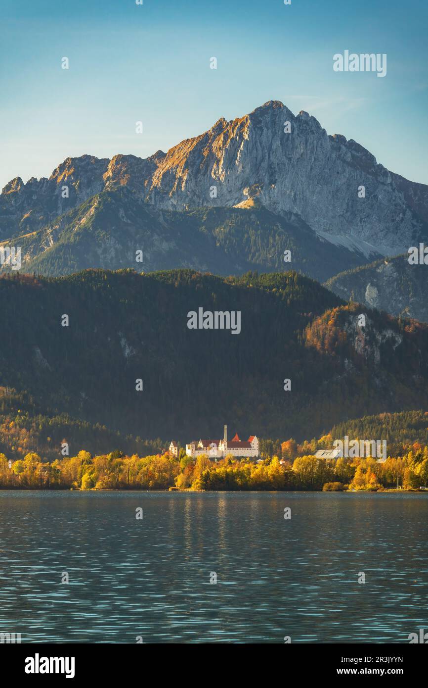 Lake Forggensee with city and Castle FÃ¼ssen in autumn colors Stock ...