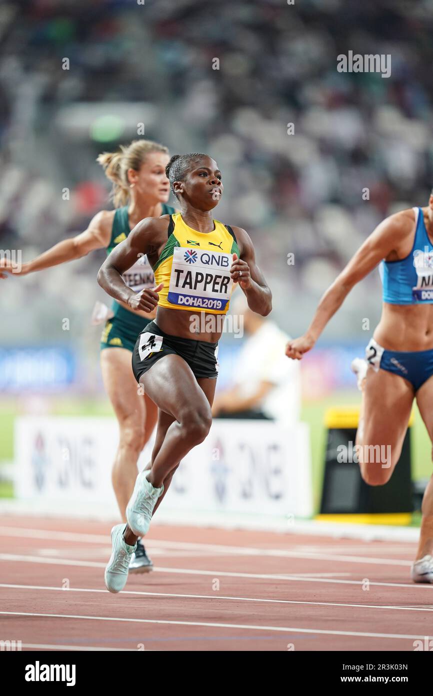 Megan Tapper running the 100m hurdles at the 2019 World Athletics ...