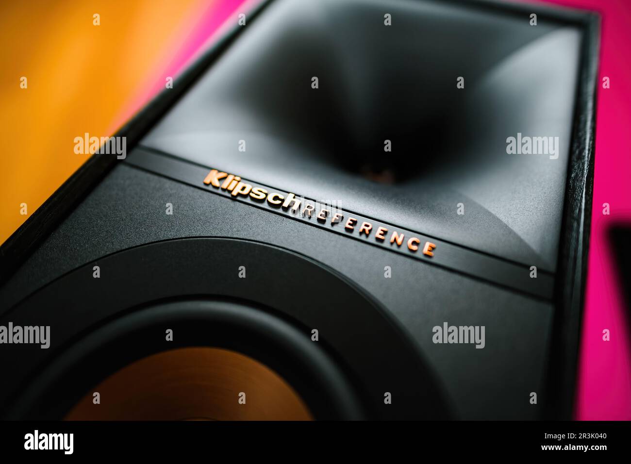 New York, USA - Apr 18, 2023: Close-up of sleek Klipsch R-50M bookshelf ...