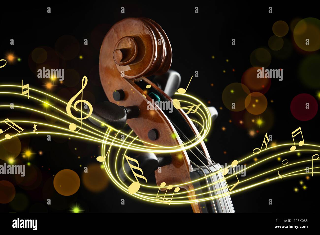 Staff with music notes and symbols braiding violin head on black ...