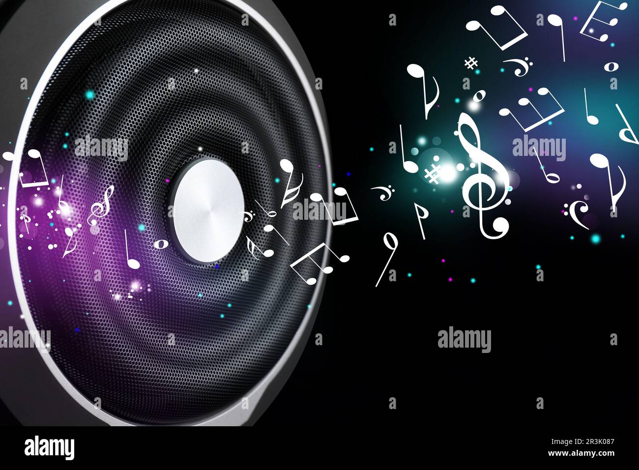 Music notes and other musical symbols flowing from audio speaker on ...