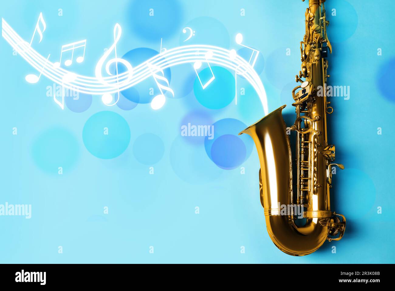 Music notes and other musical symbols flowing from saxophone on light ...