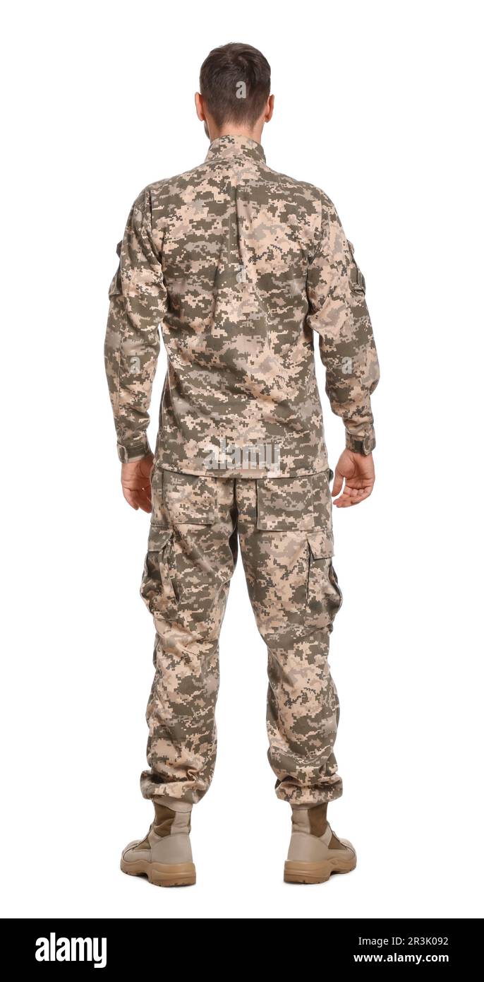 Ukrainian soldier in military uniform on white background, back view ...