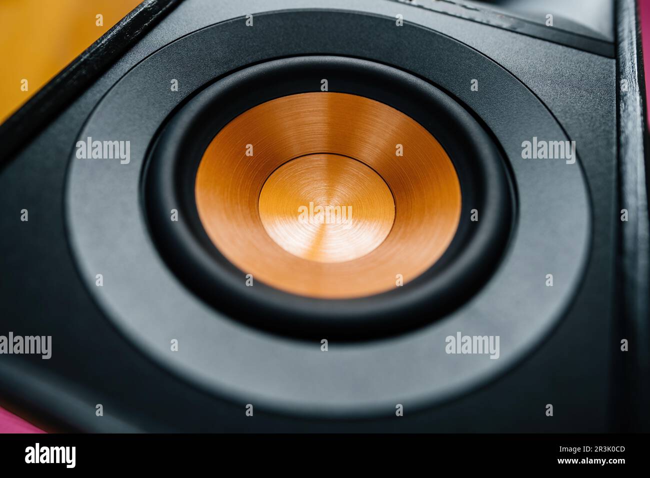 A close-up of a modern, high-end sound system consisting of black ...