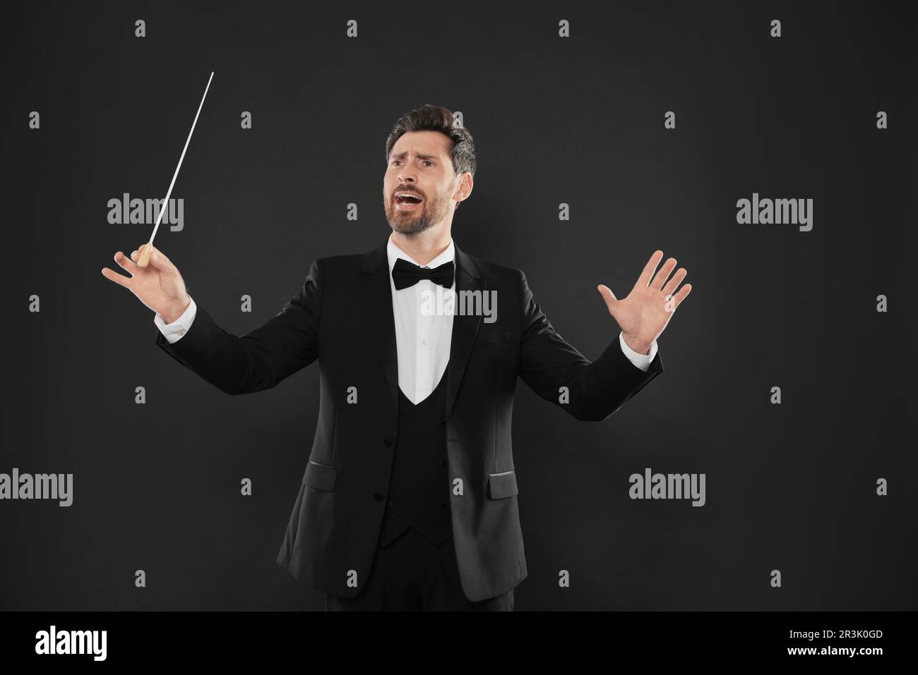 Professional conductor with baton on black background Stock Photo - Alamy