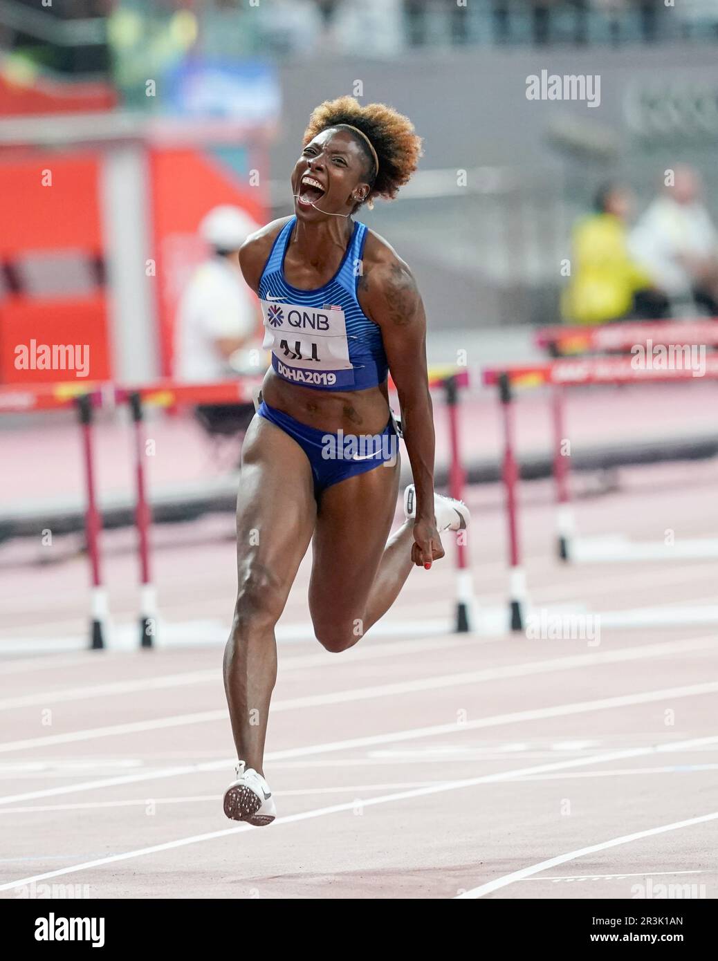 Nia Ali winning the 100m hurdles at the 2019 World Athletics ...
