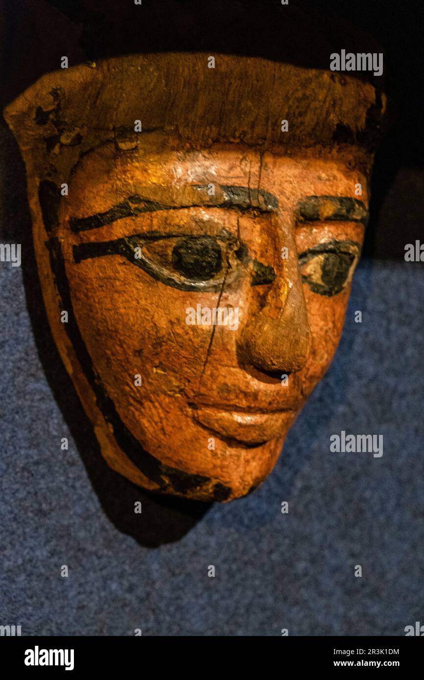Egyptian anthropomorphic coffin face, stuccoed and polychrome wood ...
