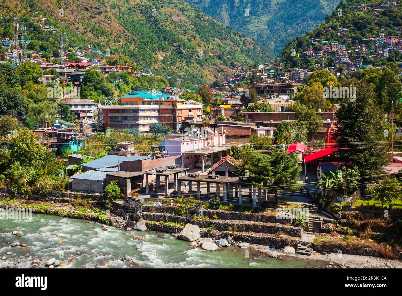 Beas river near Kullu town aerial panoramic landscape, Kullu valley in ...