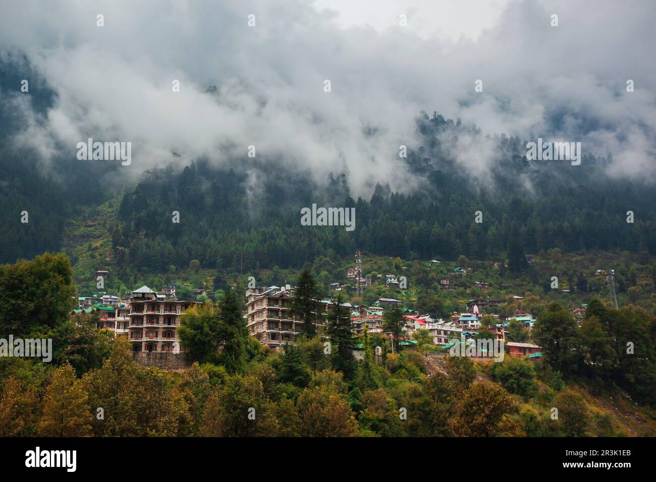 Scenic landscape view of the forested mountain slope in clouds with the ...