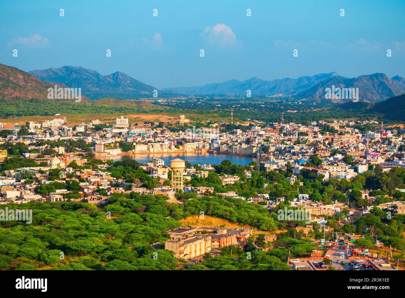 Pushkar town and lake aerial panoramic view in Rajasthan state of India ...