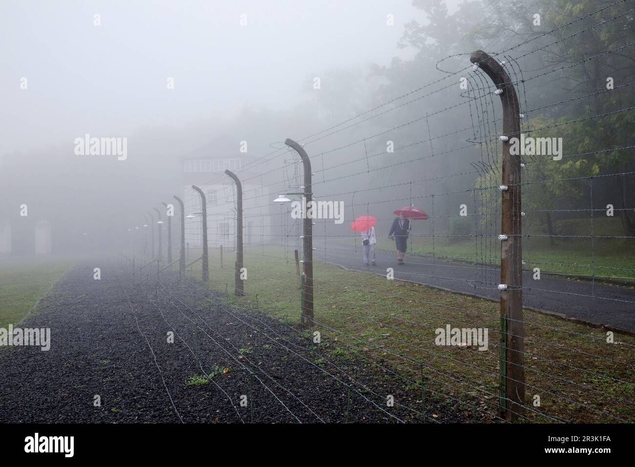 Reconstructed camp fence with people in the fog at Buchenwald ...