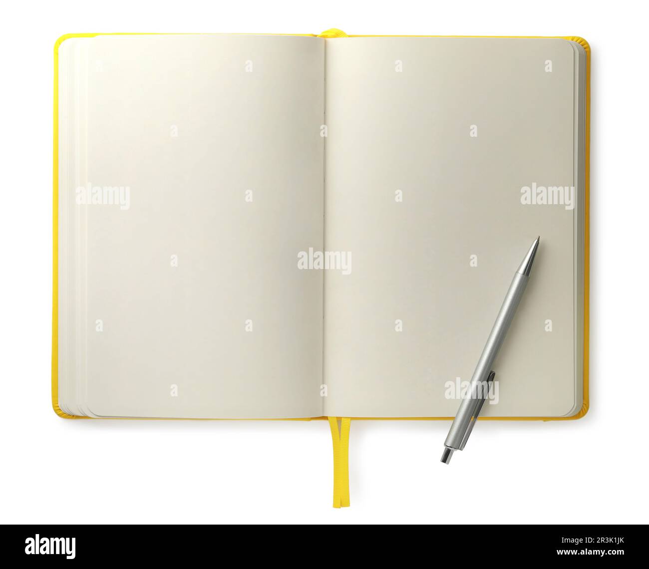Open blank notebook with pen isolated on white, top view Stock Photo ...