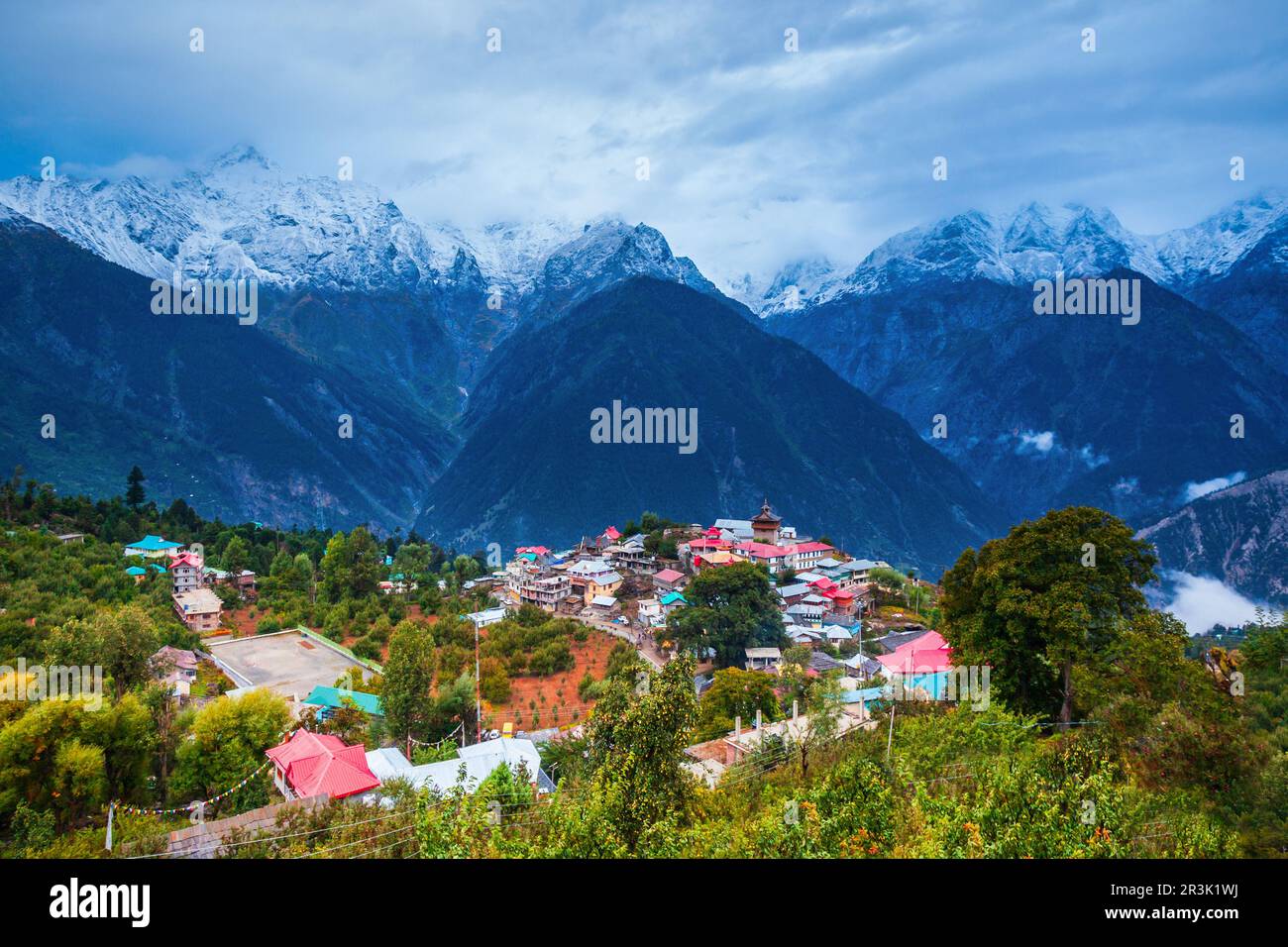 Kalpa and Kinnaur Kailash mountain aerial panoramic view. Kalpa is a ...