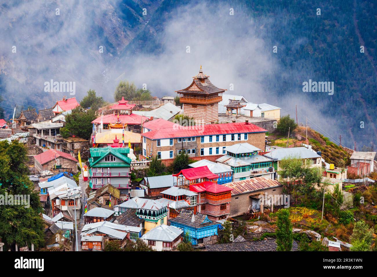 Kalpa and Kinnaur Kailash mountain aerial panoramic view. Kalpa is a ...