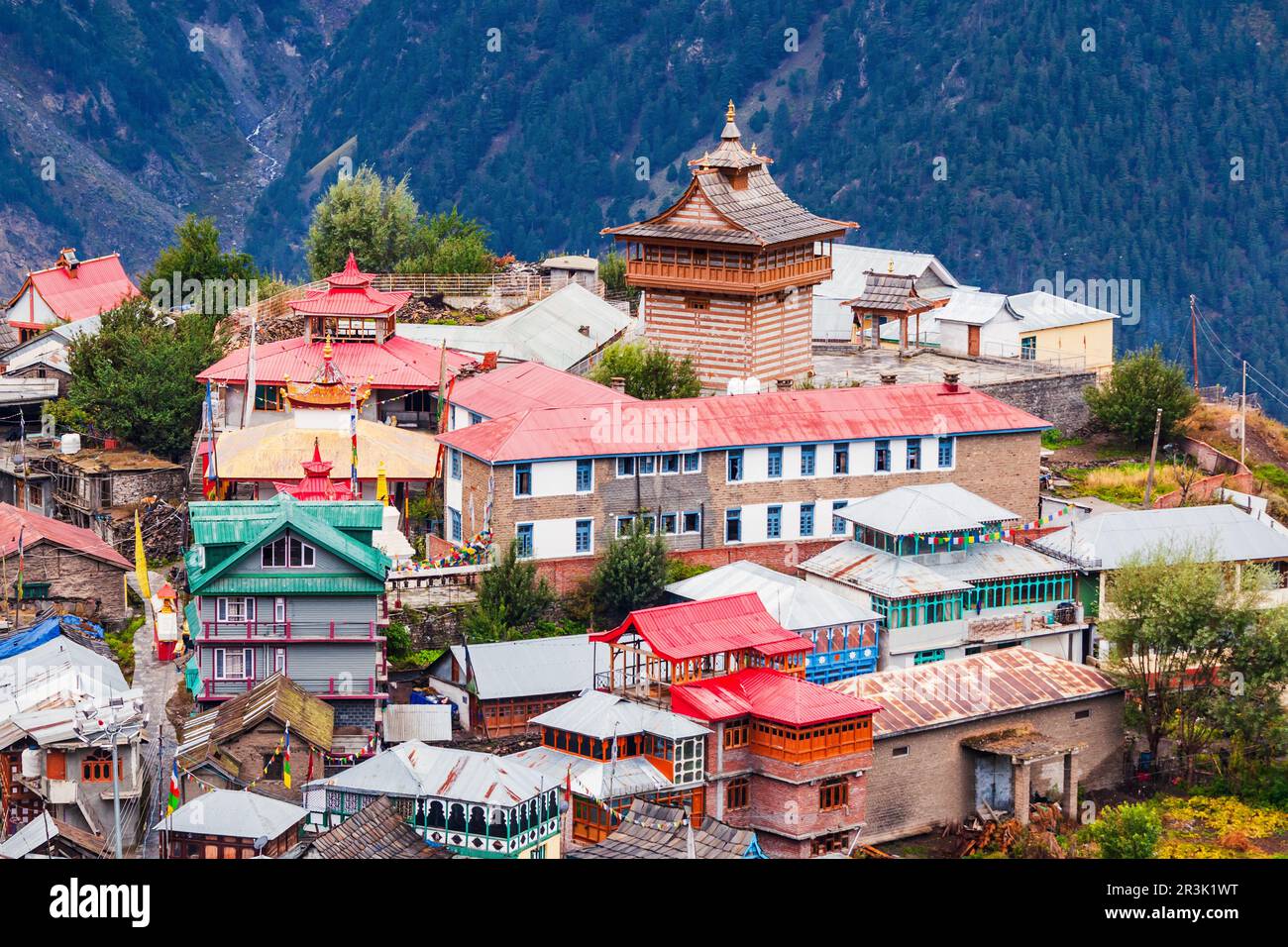 Maa Chandika Devi Ji Kila Temple aerial panoramic view in Kalpa. Kalpa ...