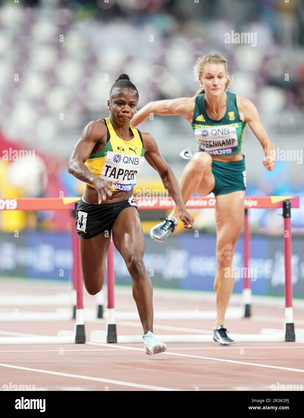 Megan Tapper running the 100m hurdles at the 2019 World Athletics ...