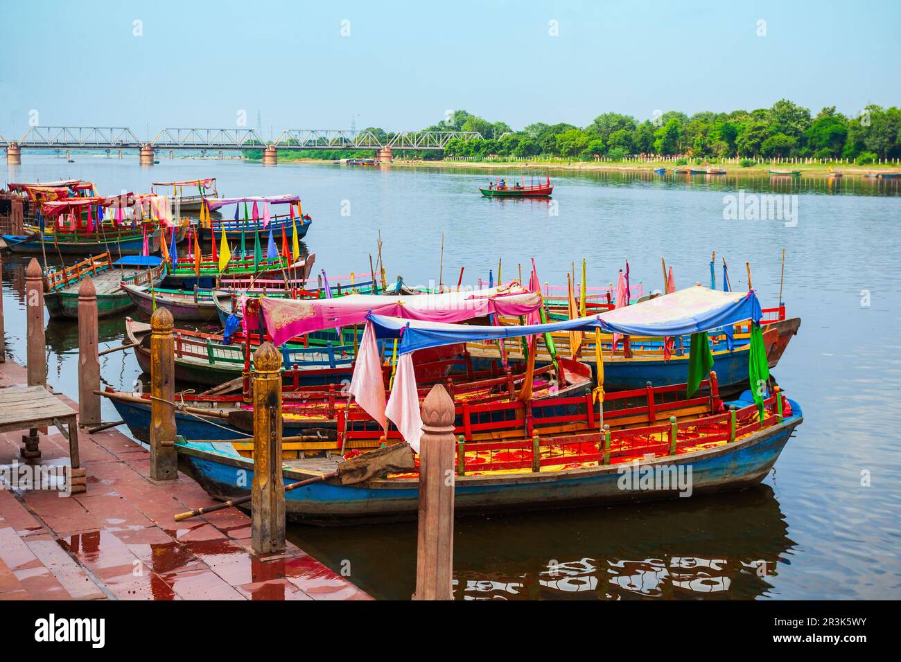 Boats at the Vishram Ghat of Yamuna river in Mathura city in India ...