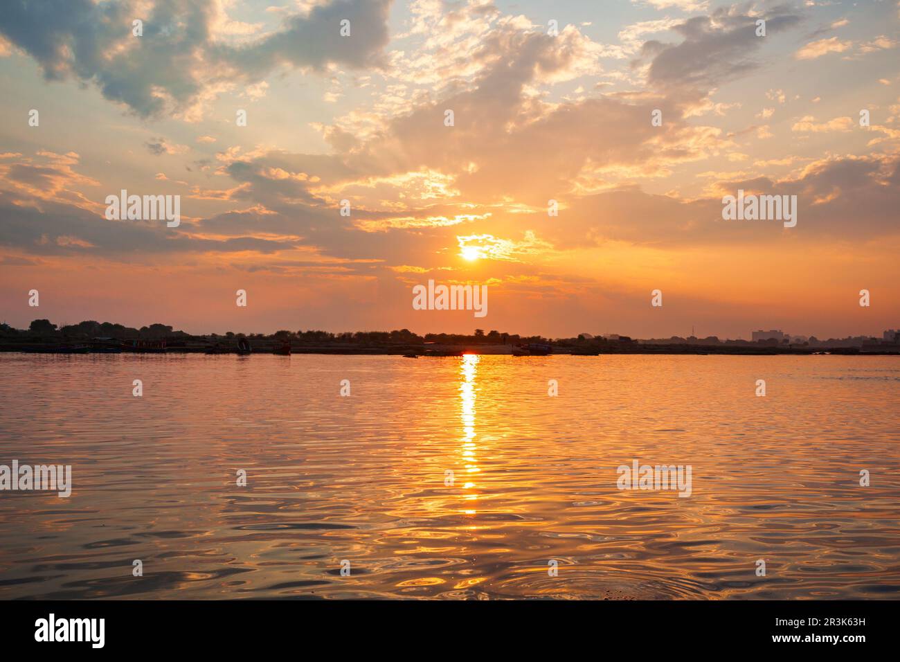 Sunset at the Keshi Ghat on Yamuna river in Vrindavan city in Uttar ...
