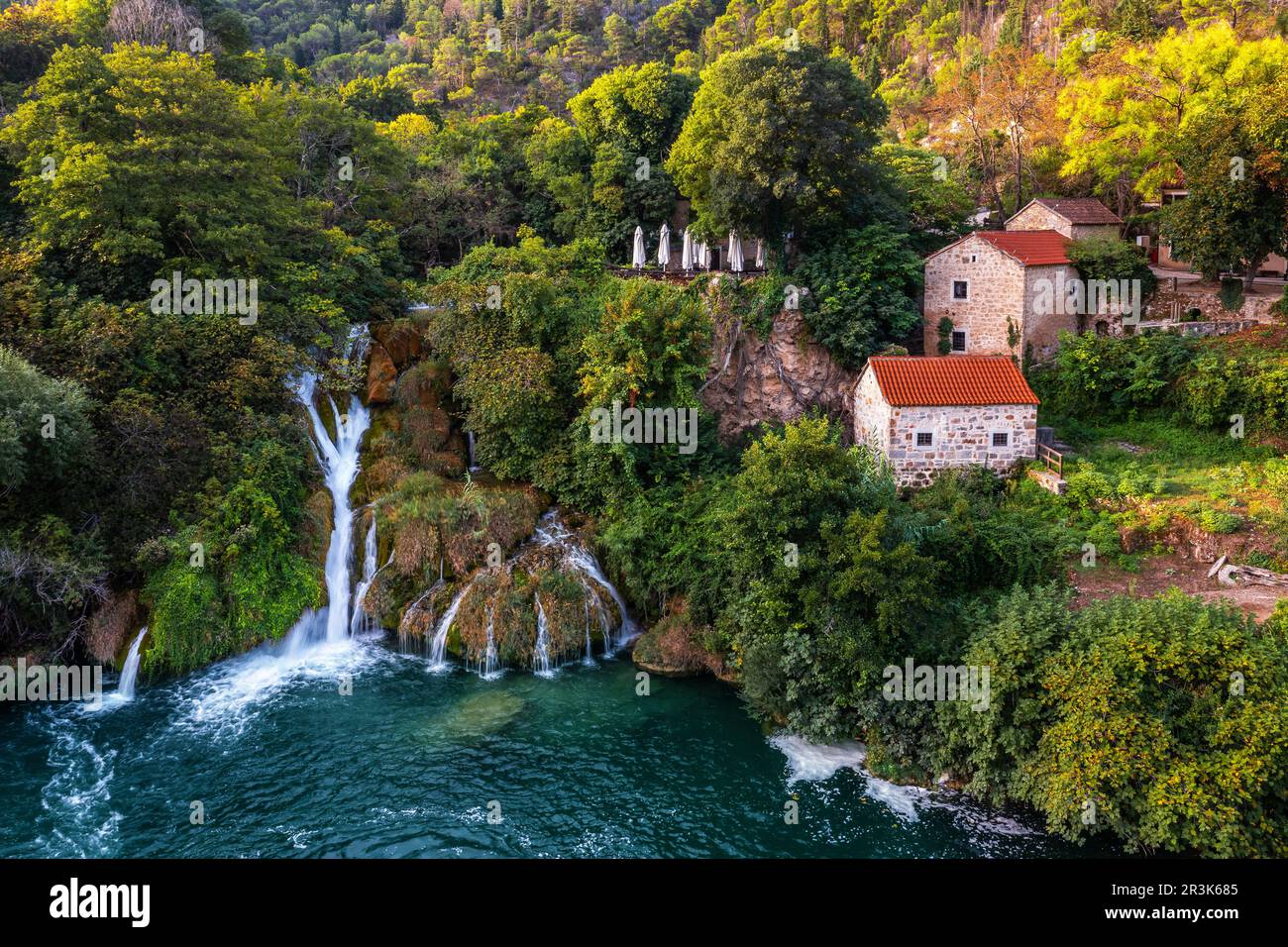 Krka, Croatia - Aerial view of the beautiful Krka Waterfalls in Krka ...