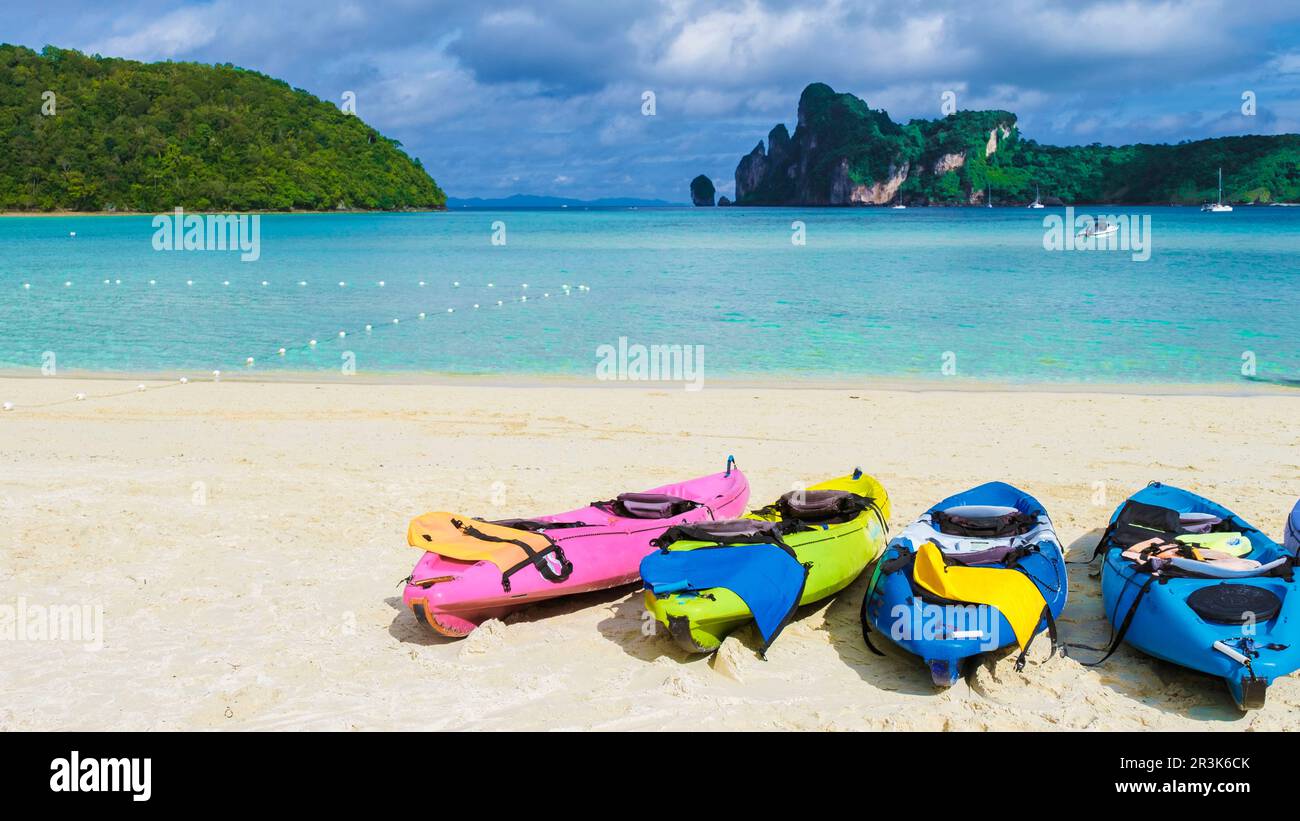 Koh Phi Phi Island Thaiand, colorful kayaks on the beach of Koh Phi Phi ...