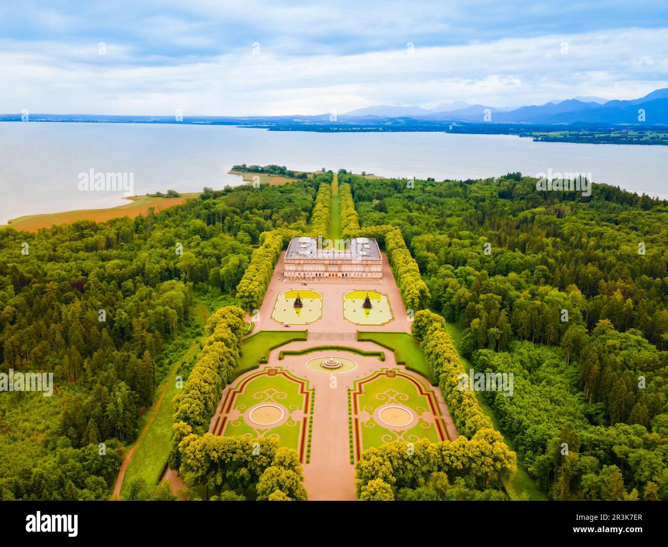 Herrenchiemsee Palace aerial panoramic view, it is a complex of royal ...