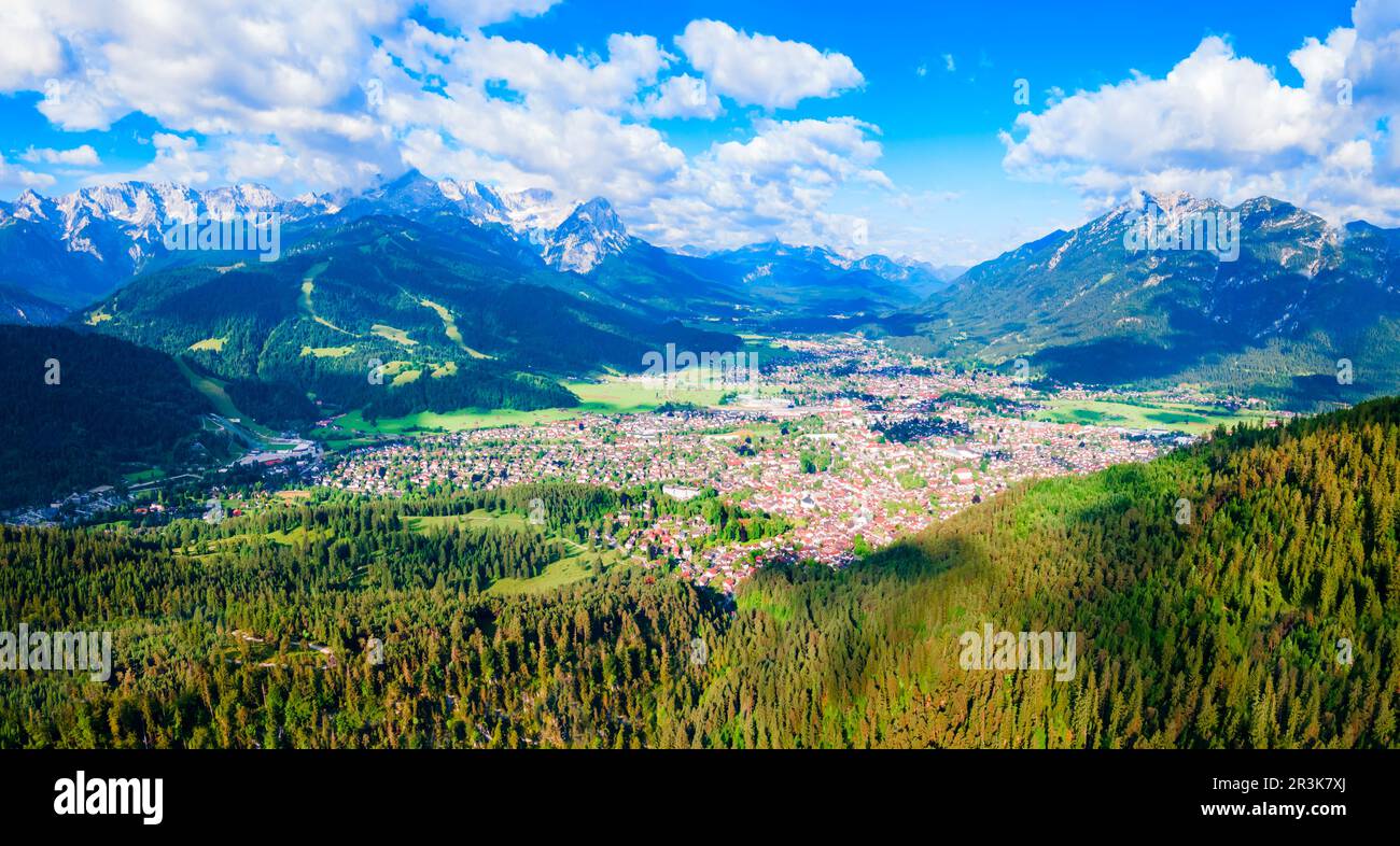 Garmisch-partenkirchen and Zugspitze mountain aerial panoramic view ...