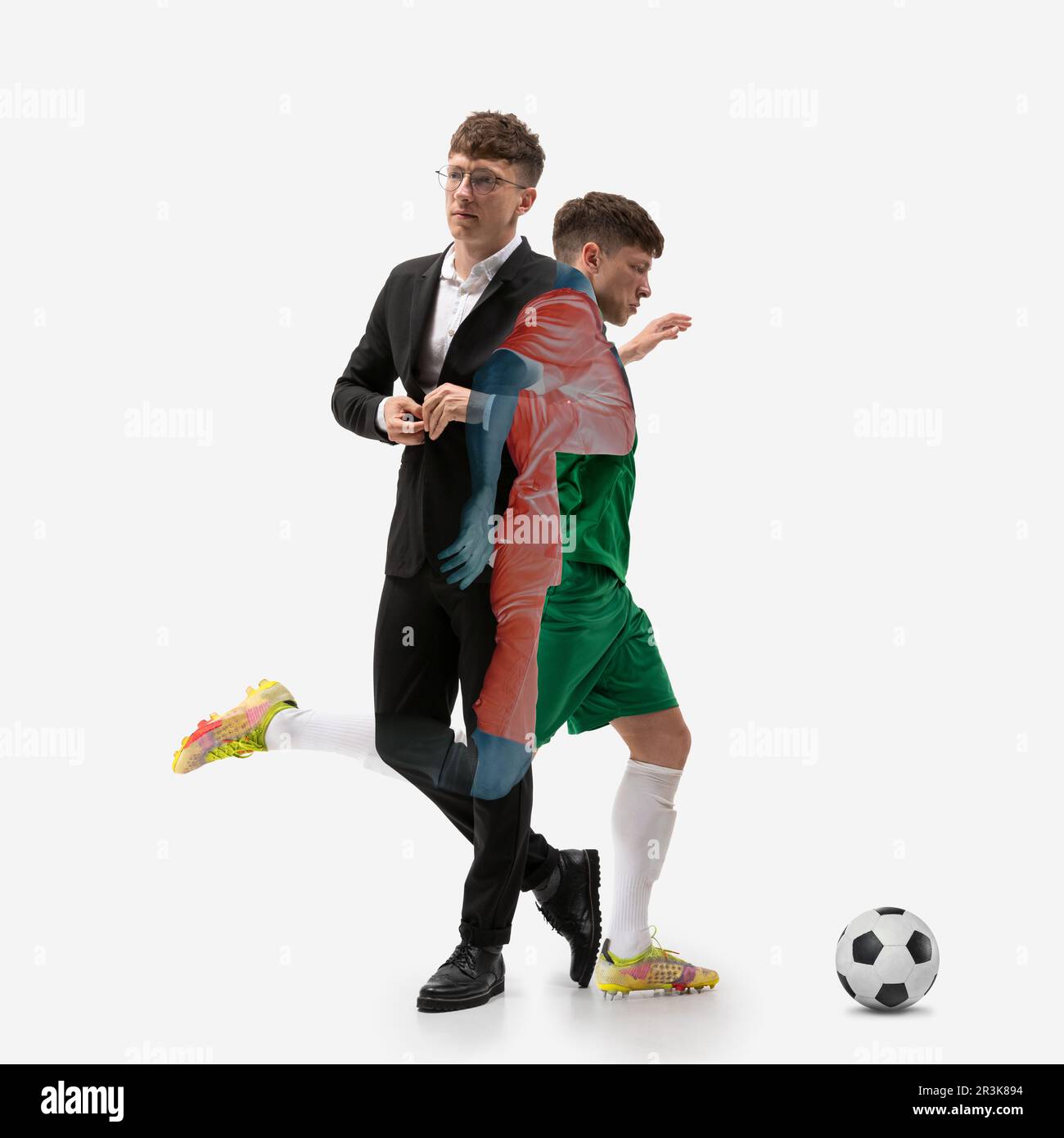 Businessman in formalwear and active football player in uniform in ...