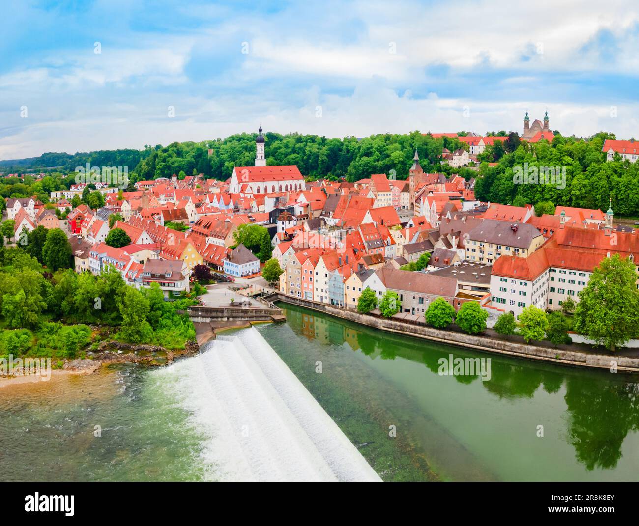 Lech river weir aerial panoramic view in Landsberg am Lech, a town in ...