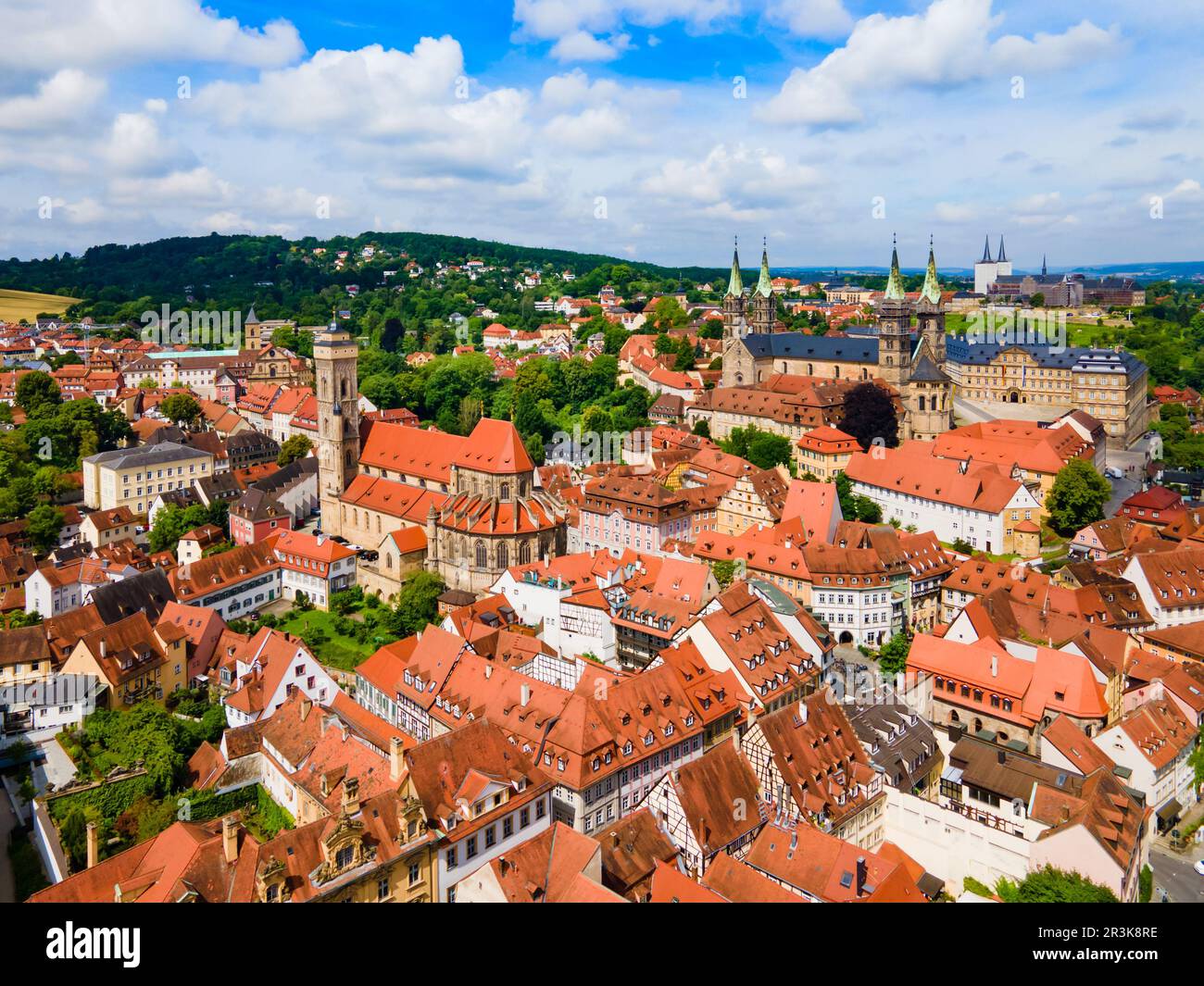 Parish Church of Our Lady and Bamberg Cathedral aerial panoramic view ...