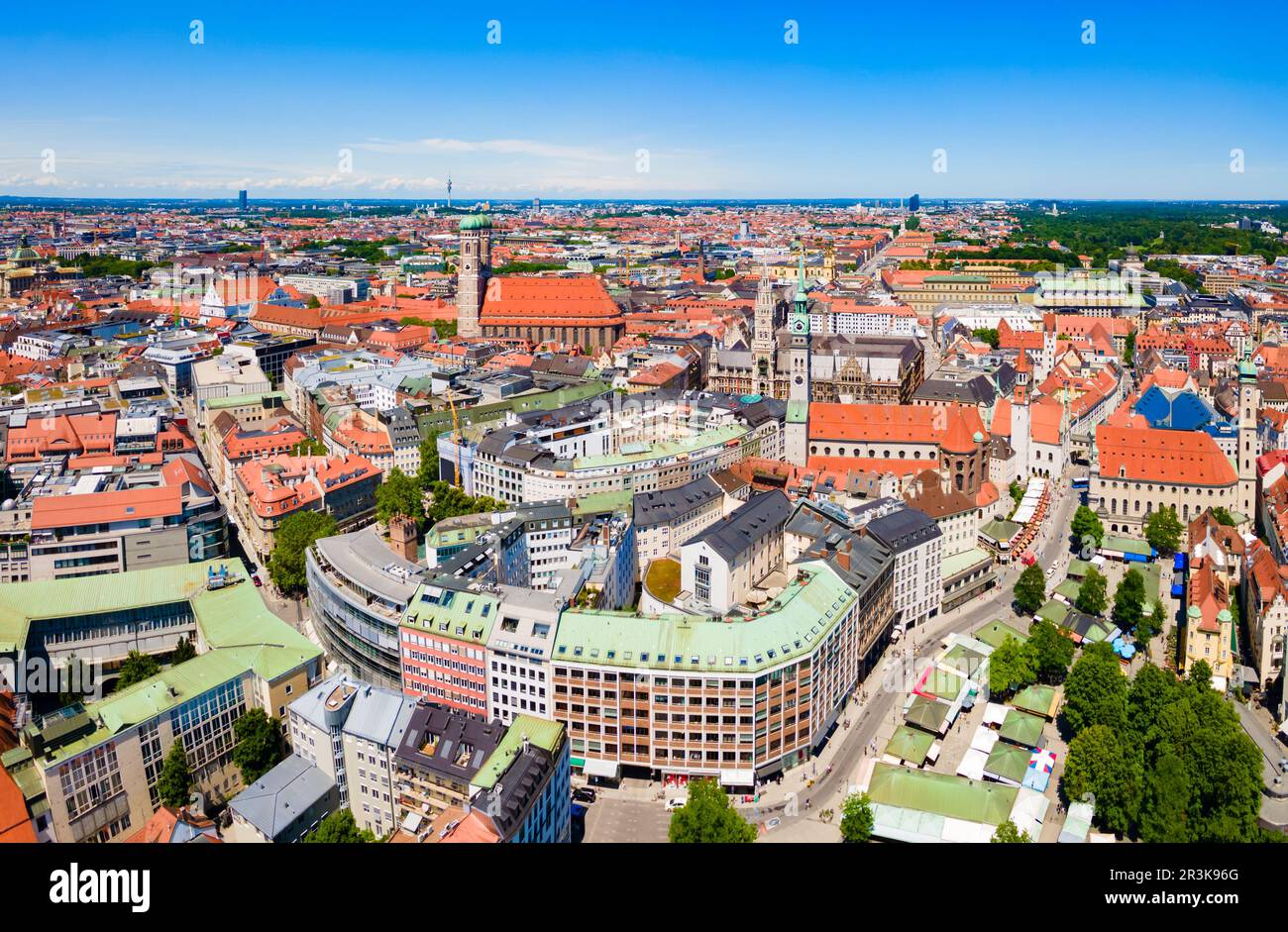Marienplatz aerial panoramic view. Marienplatz or St. Mary square is a ...