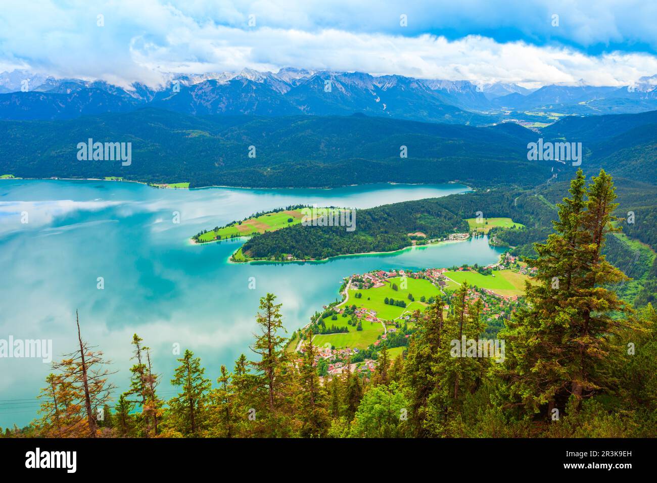 Walchensee aerial panoramic view from Herzogstand viewpoint. Walchensee ...