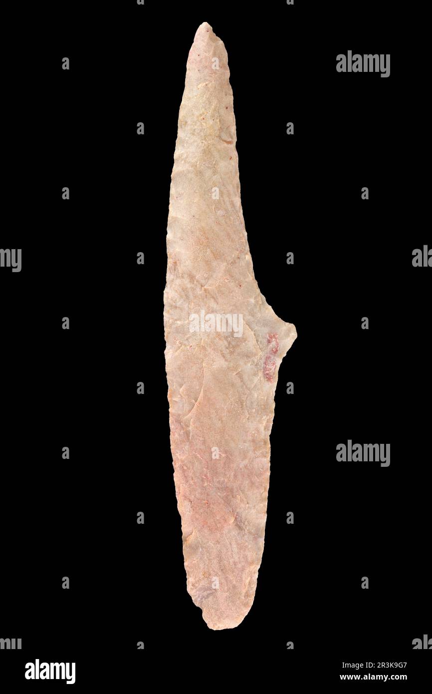 Curved blade with tang and side stop (rare shape). Pink gray jasper ...