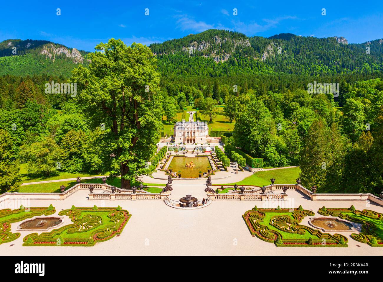 Linderhof Palace aerial panoramic view. Schloss Linderhof is located ...