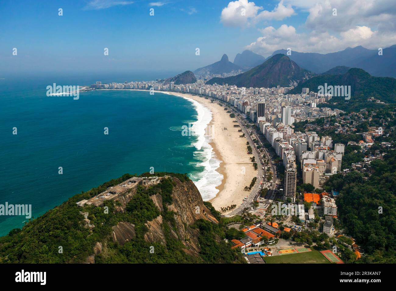 Aerial view of Copacabana beach and the beachfront hotels. Rio de ...