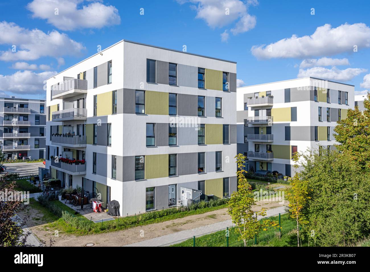 Housing development area with new apartment buildings seen in Berlin ...