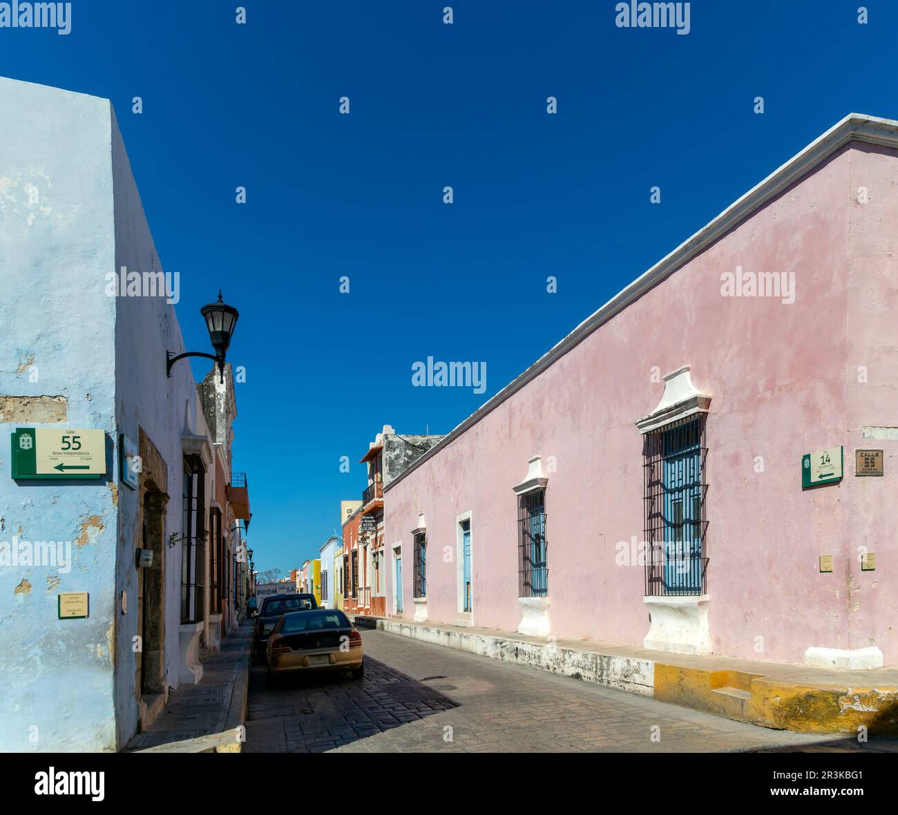 Row of colourful Spanish colonial buildings, Campeche city centre ...