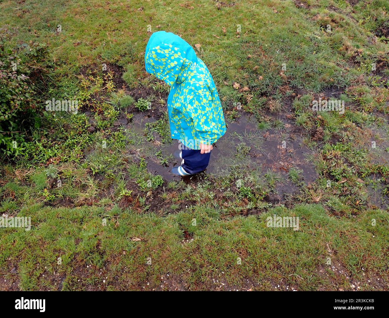 Child with rubber boots and rain coat, standing in a puddle Stock Photo ...