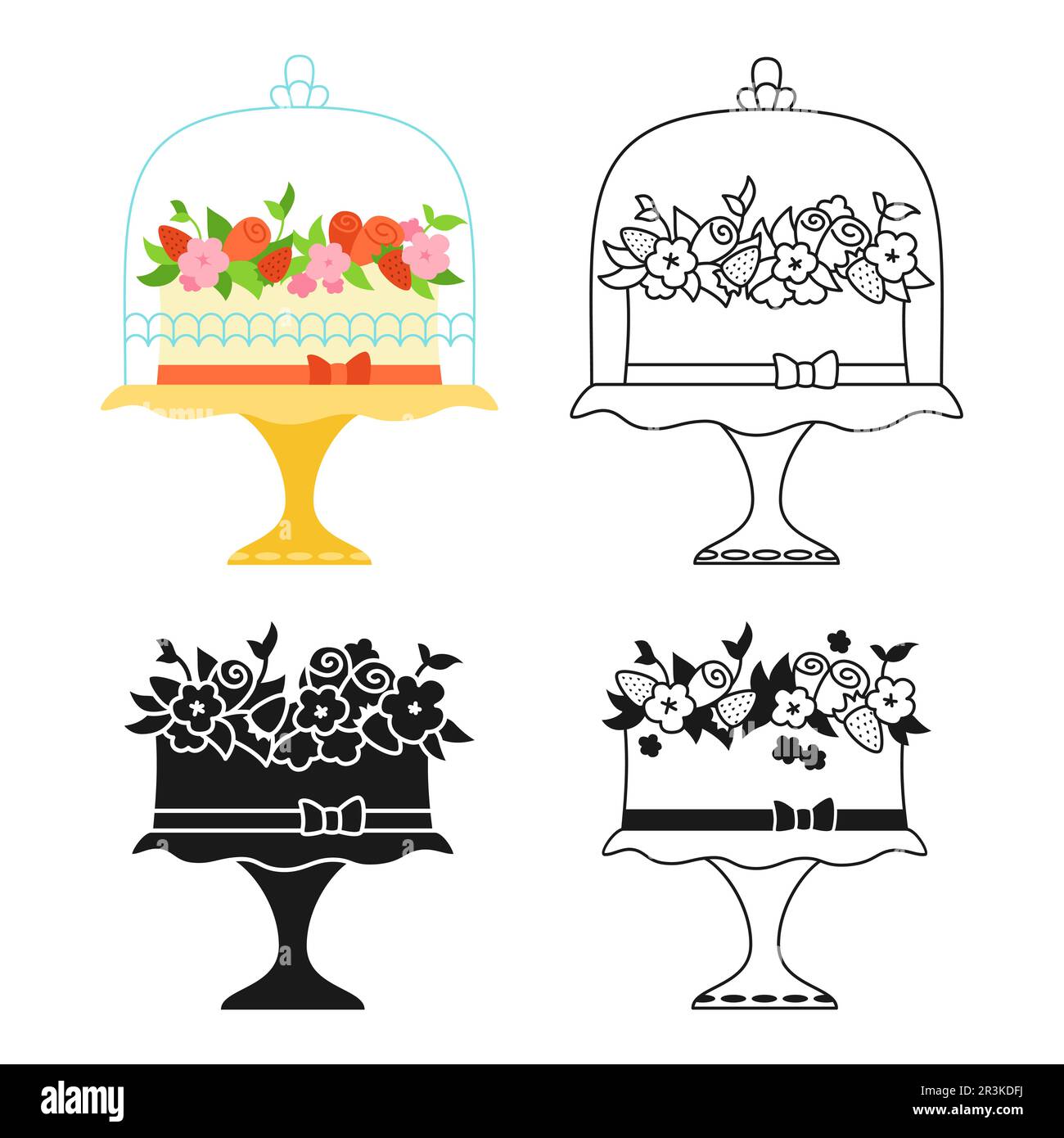 Wedding or Birthday cake decorated flowers and berries. Cartoon ...