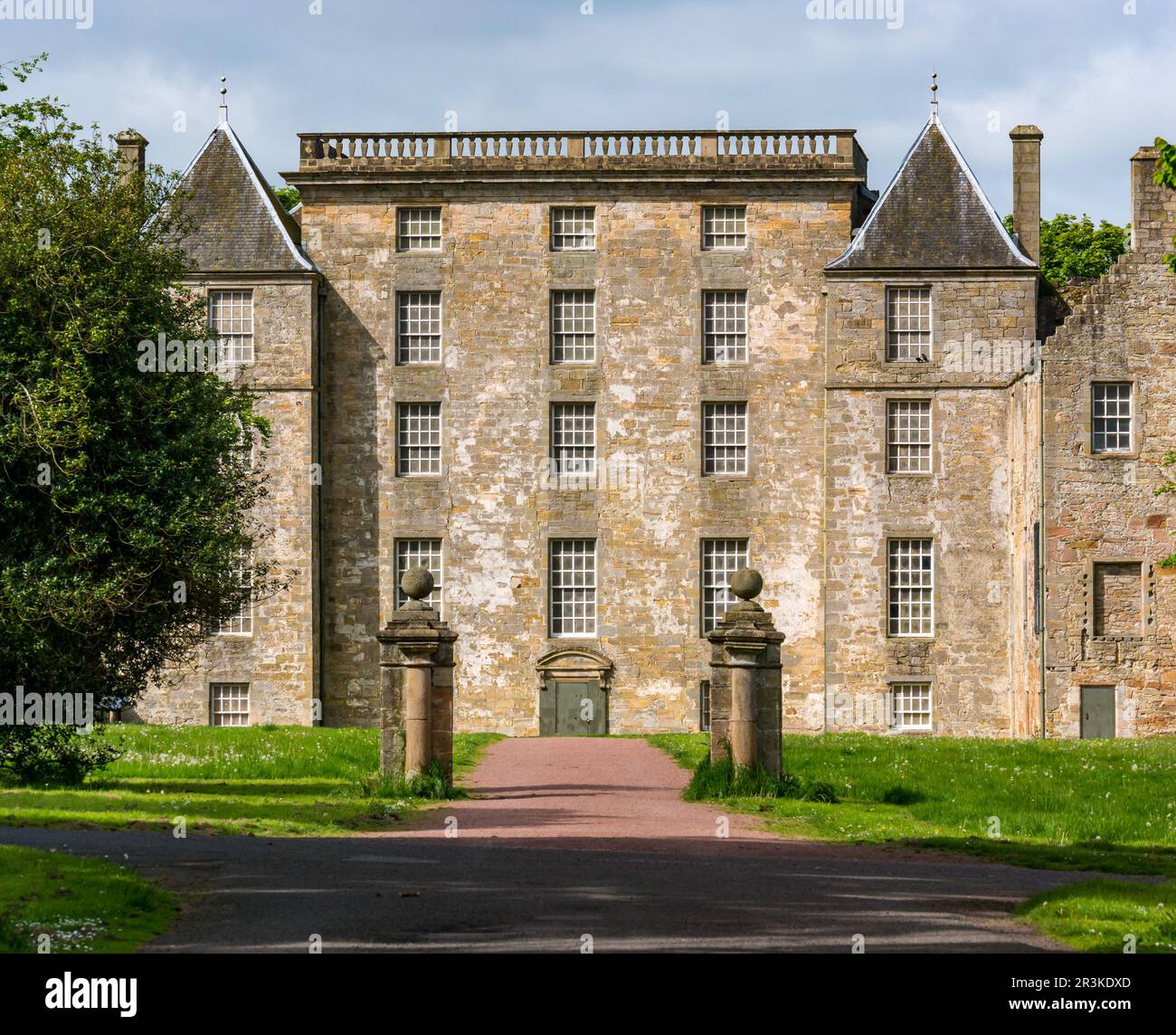 View along drive of 16th century partially ruined Kinneil House, Bo ...