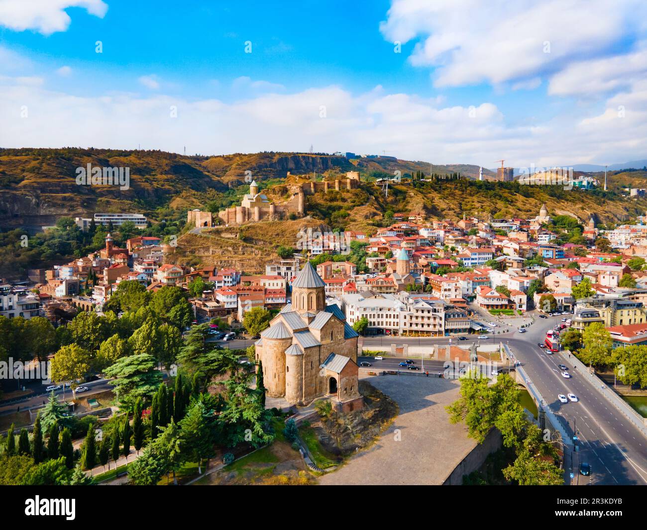 Metekhi Church aerial panoramic view in Tbilisi old town. Tbilisi is ...