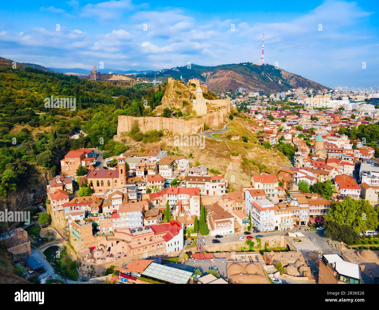 Abanotubani ancient district and Narikala fortress aerial panoramic ...