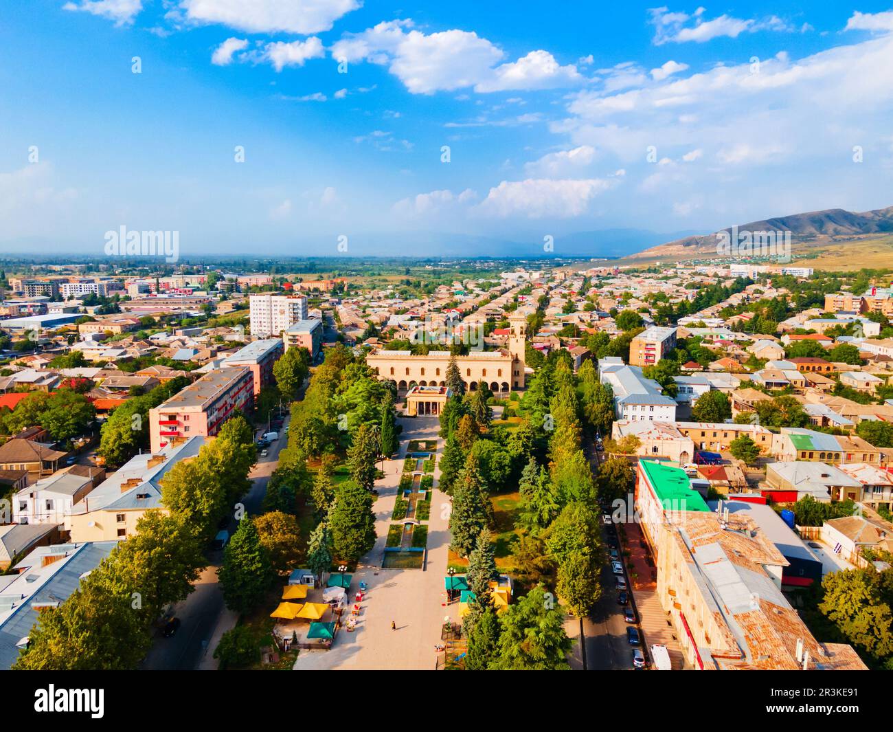 Stalin Avenue aerial panoramic view in Gori, Georgia. Gori is a city in ...
