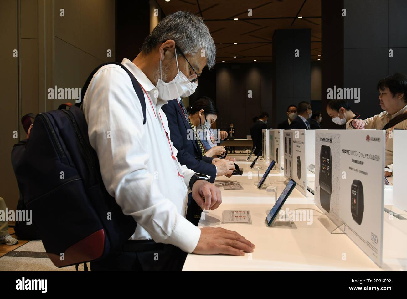 Tokyo, Japan. 24th May, 2023. A visitor tries smartwatch at the launch ...
