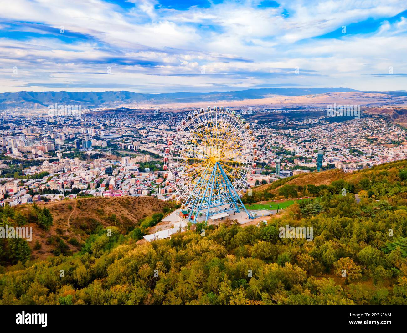 Ferris or Giant wheel aerial panoramic view in Mtatsminda Park of ...