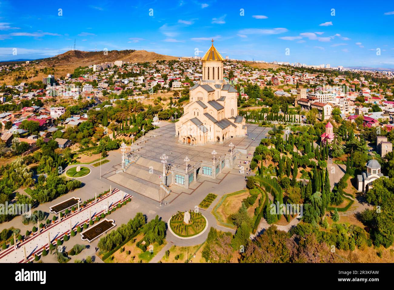 Holy Trinity Cathedral or Tsminda Sameba Church aerial panoramic view ...